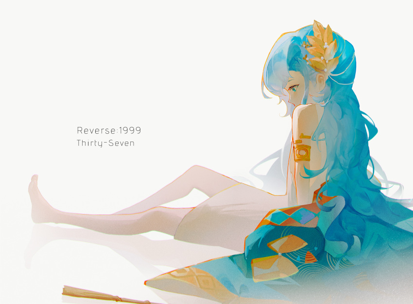 Safebooru - 1girl 37 (reverse:1999) absurdres arm support armlet bare legs barefoot blue eyes ...