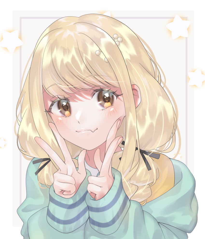 Safebooru - 1girl absurdres ah (mjpg5574) black ribbon blonde hair blush border braid double w ...