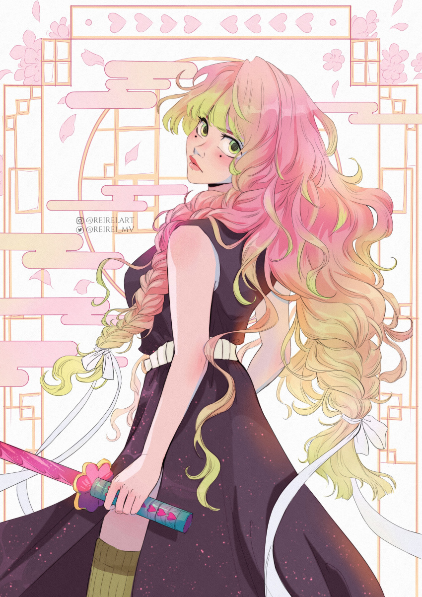 Safebooru - 1girl absurdres belt black dress braid closed mouth dress green eyes green hair ...