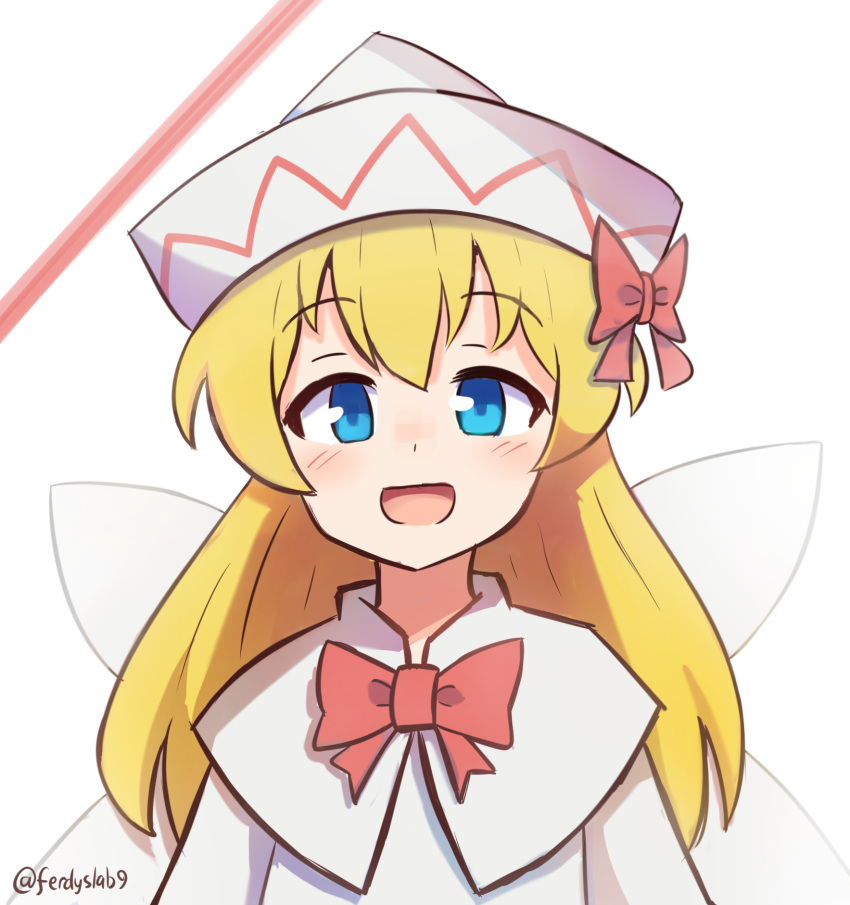 Safebooru - 1girl :d blonde hair blue eyes blush bow bowtie capelet commentary request dress ...