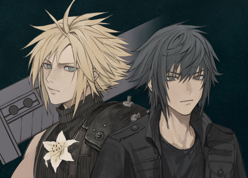 Safebooru - 2boys :| armor black background black hair black jacket ...