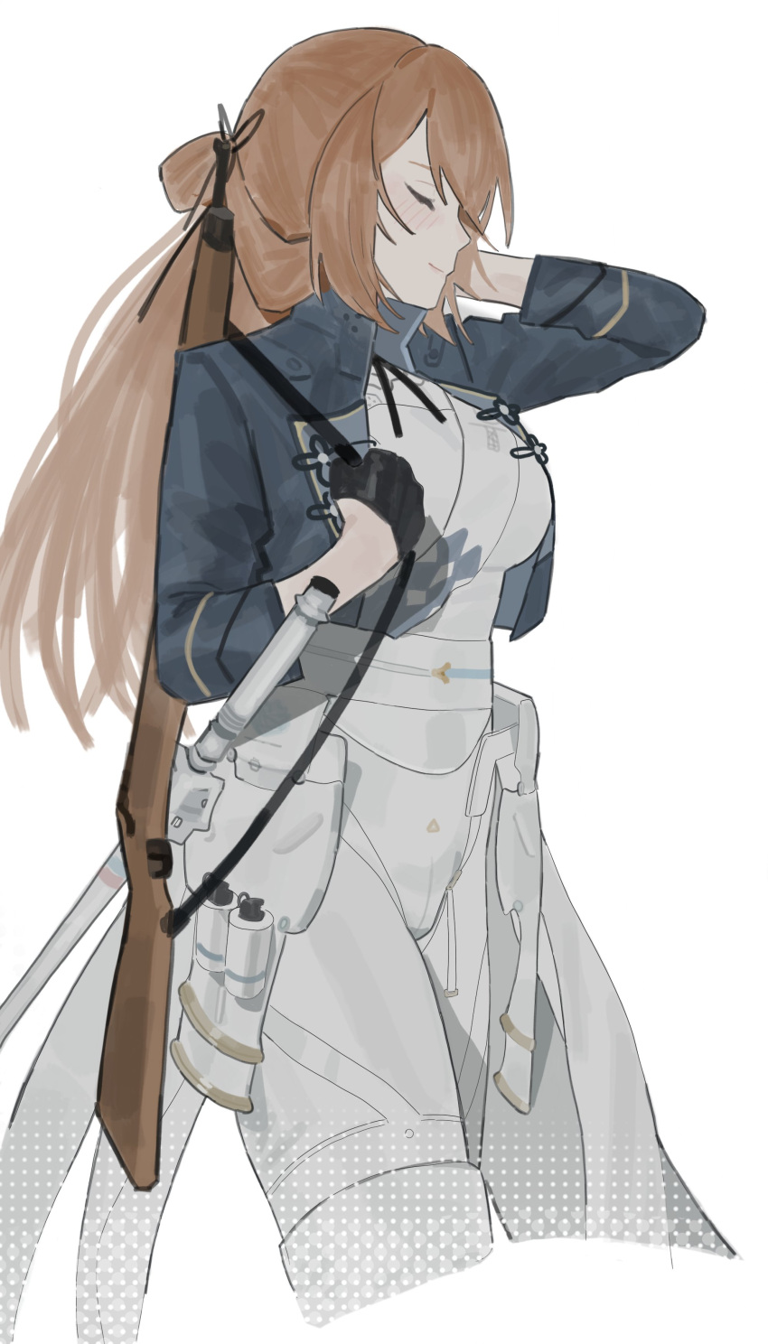 Safebooru - 1girl absurdres black gloves blue jacket blush bolt action boots brown hair closed ...