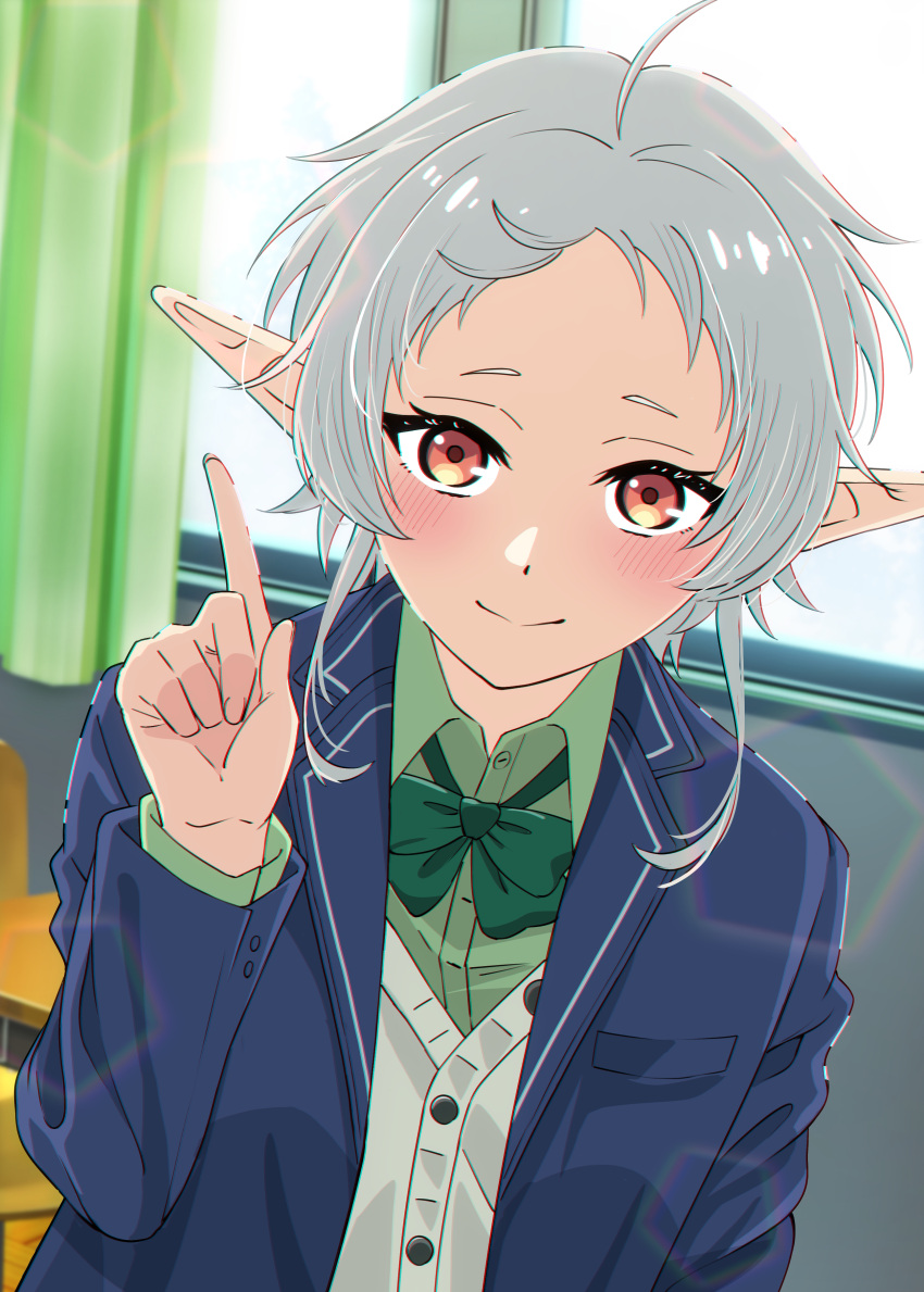 Safebooru - 1girl absurdres anju (artist) blue jacket bow cardigan classroom closed mouth elf ...