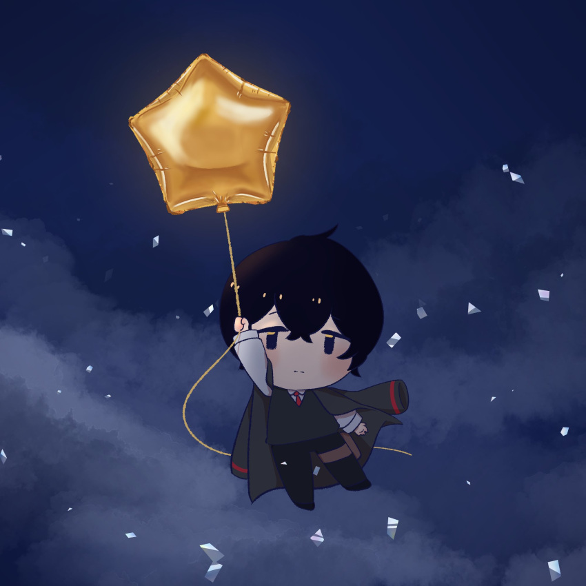 Safebooru - 1boy balloon black coat black hair black pants chibi clouds ...