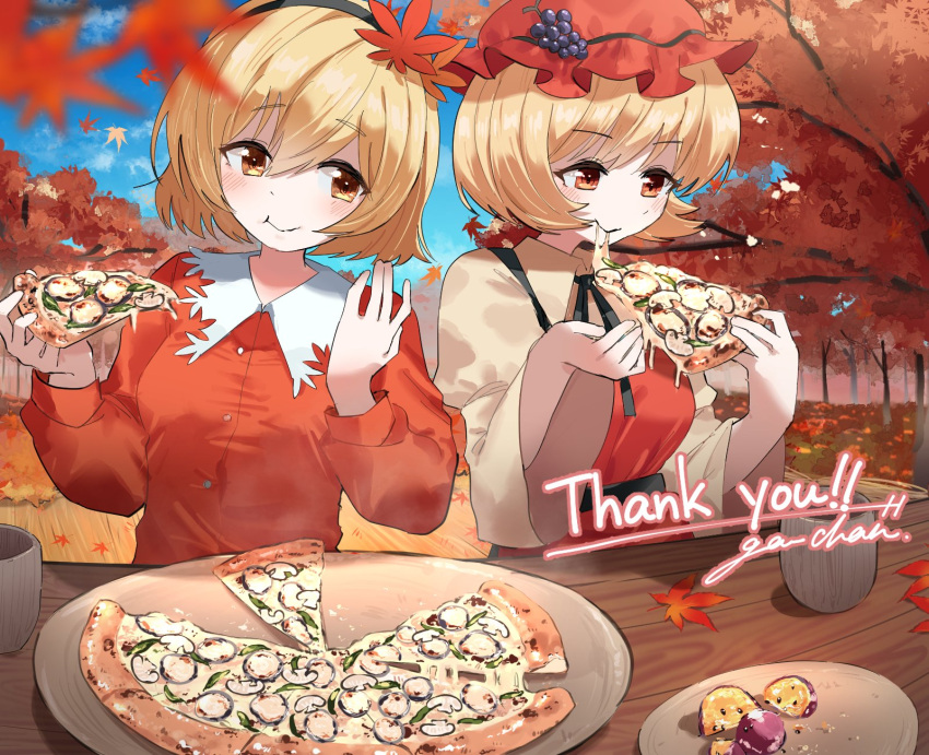 Safebooru - 2girls aki minoriko aki shizuha autumn blonde hair commission eating food ga-chan ...