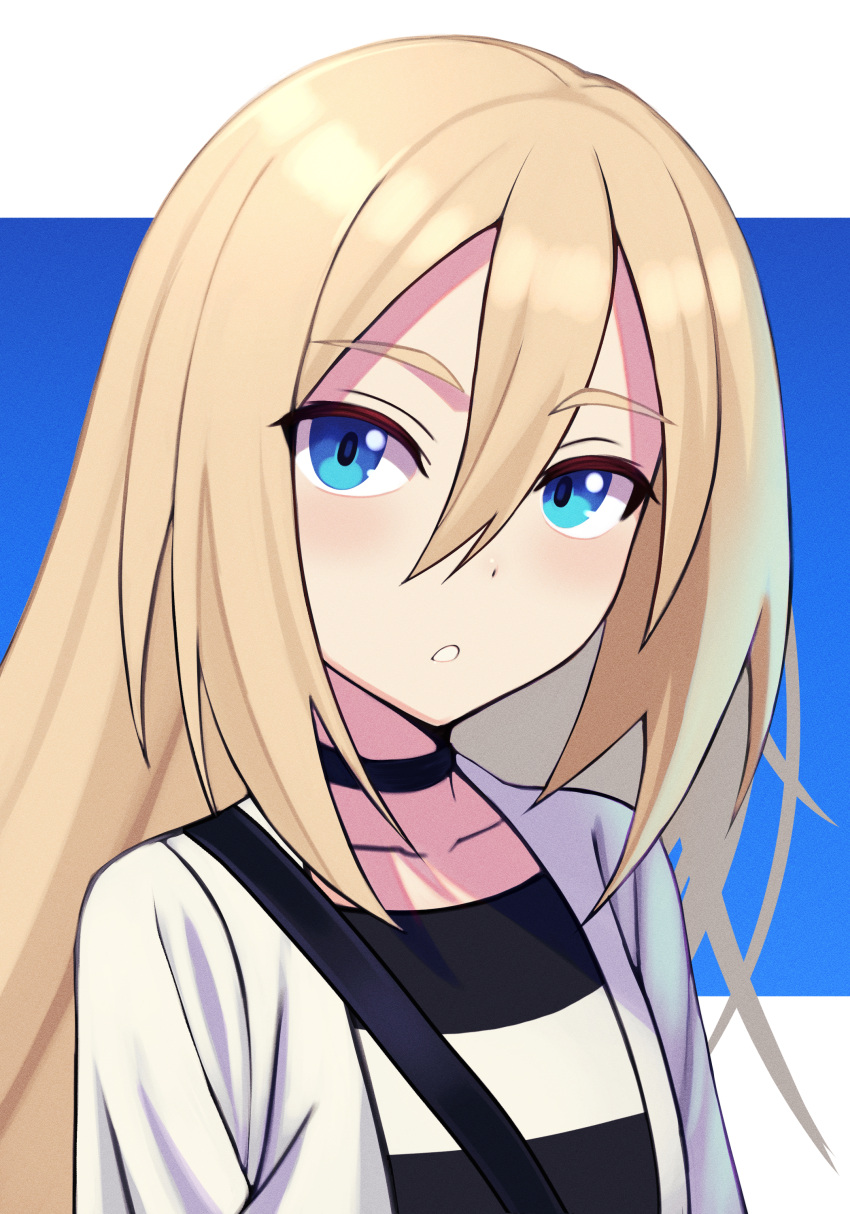 Safebooru - 1girl :o absurdres black collar blonde hair blue background blue eyes collar ...