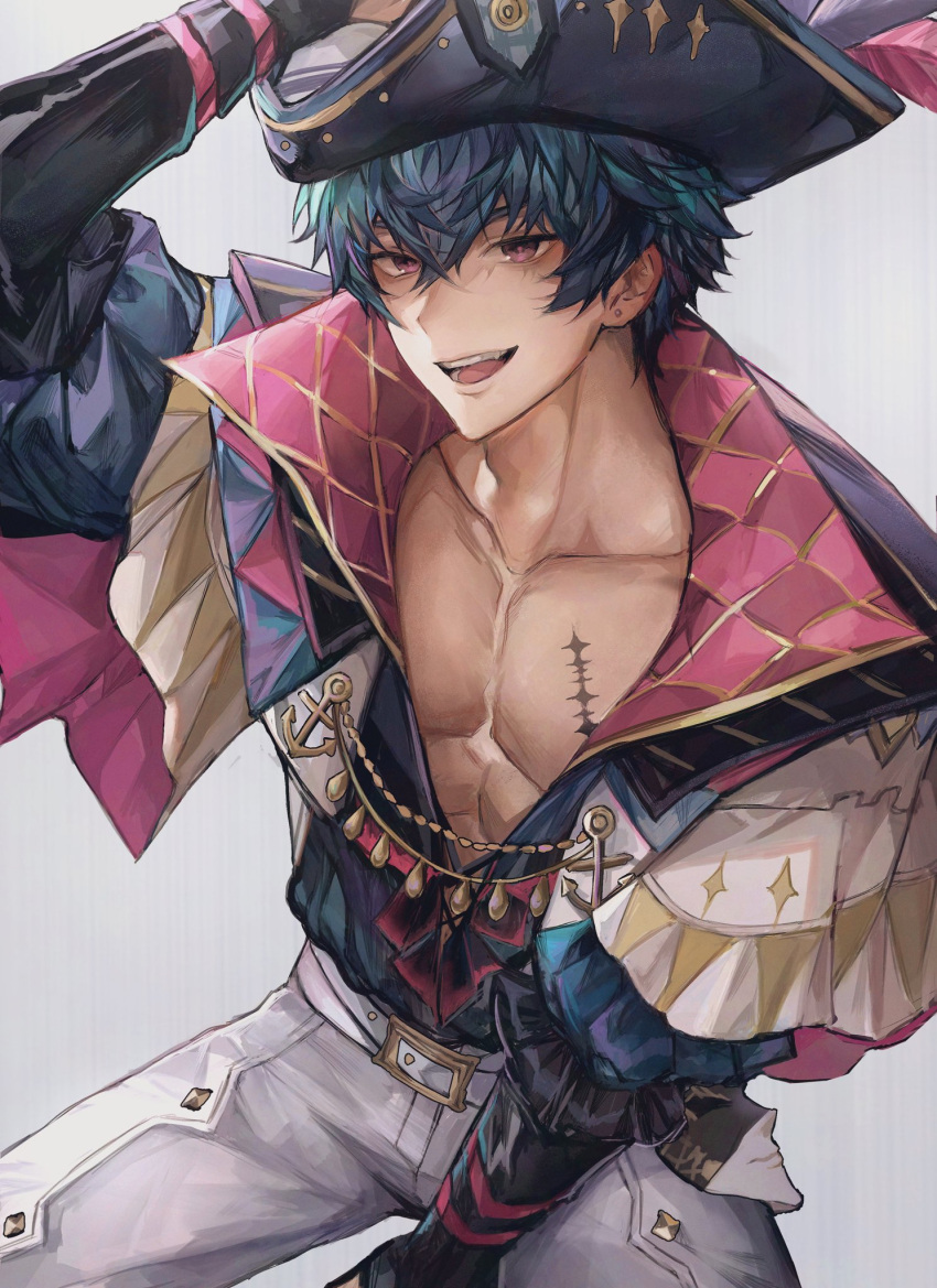 Safebooru - 1boy :d anchor ornament arm up belt belt buckle blue hair blue hat blue shirt brant ...