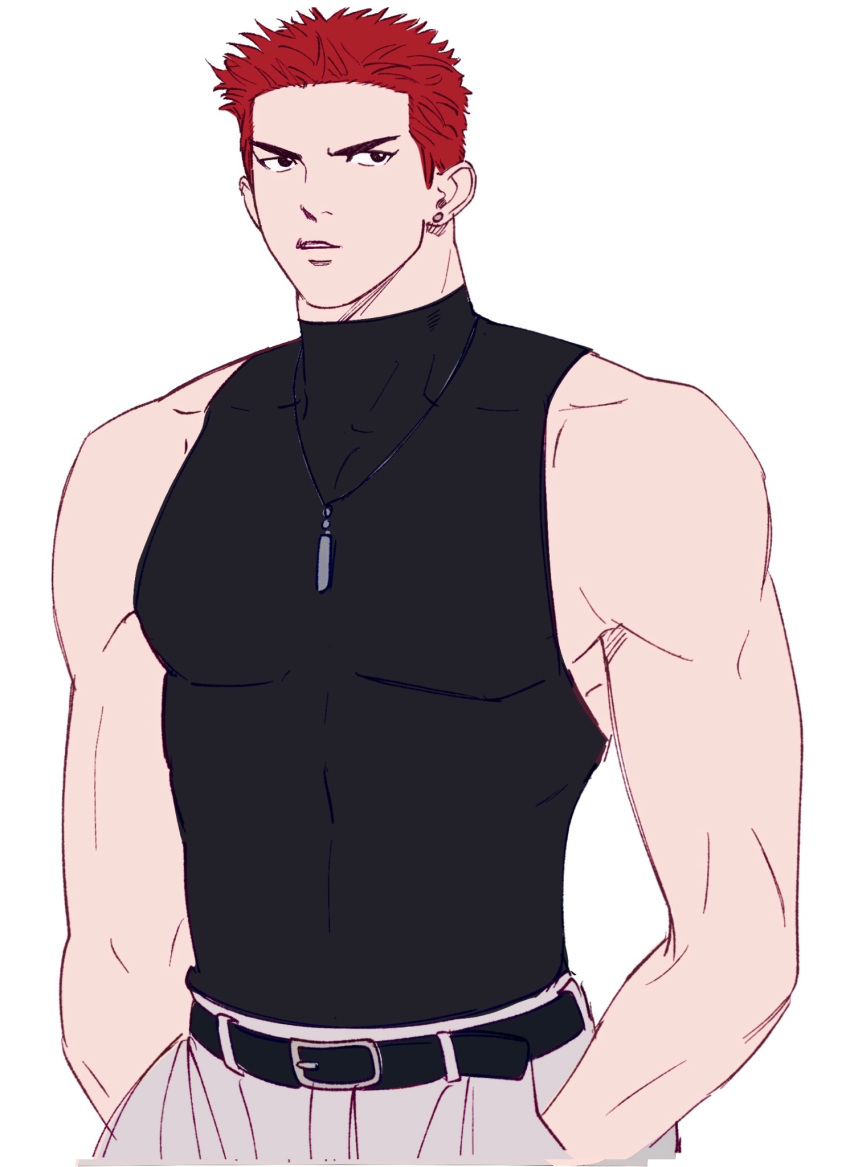 Safebooru - 1boy belt belt buckle black belt black eyes black shirt buckle compression shirt ...