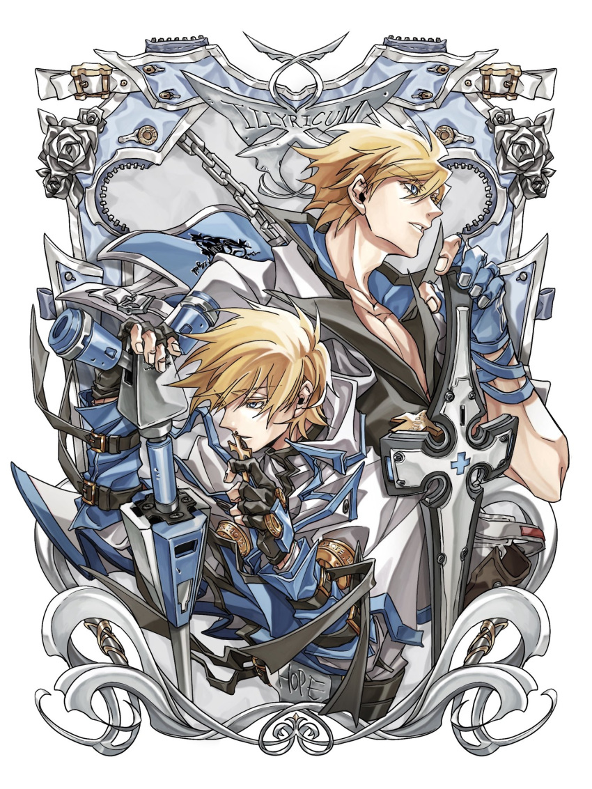 Safebooru - 1boy black shirt blonde hair blue eyes blue gloves chain coat commentary request ...