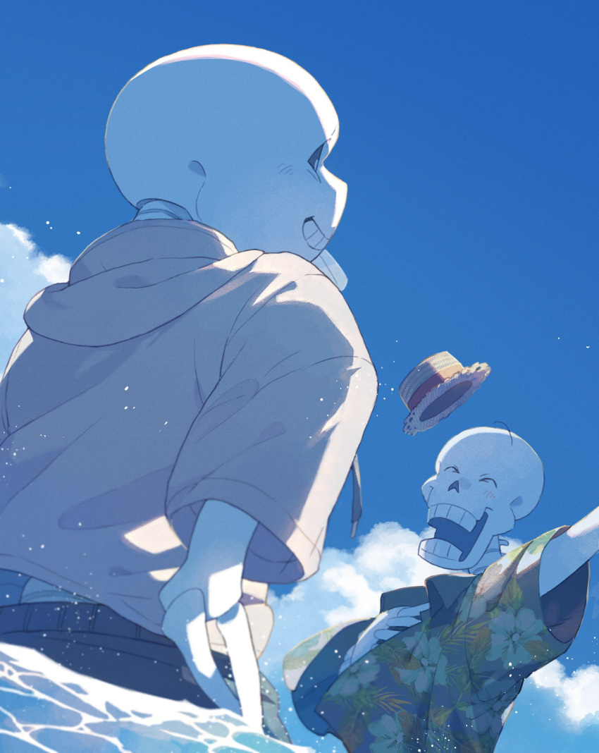Safebooru - 2boys blue sky blush boater hat brothers closed eyes happy ...