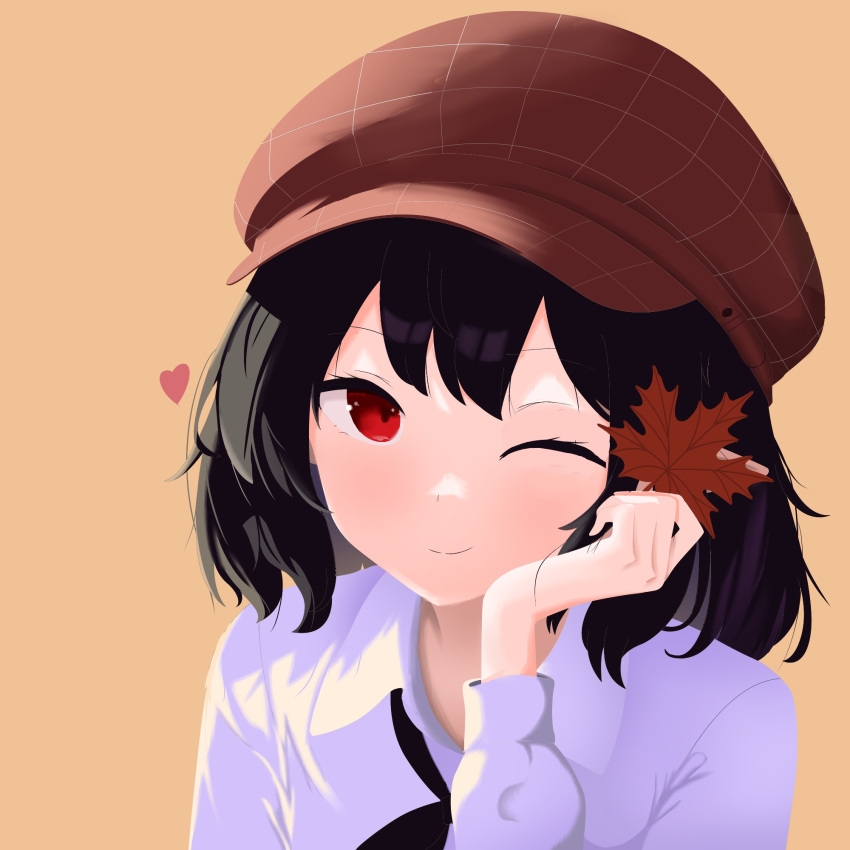 Safebooru - 1girl autumn leaves black hair black ribbon breasts brown hat cabbie hat closed ...