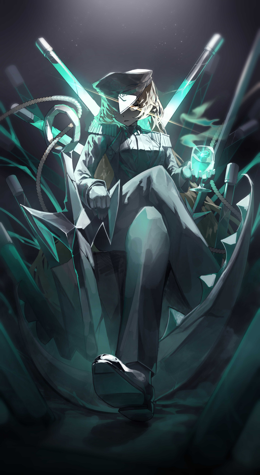 Safebooru - 1girl absurdres anchor aqua necktie black coat black footwear black gloves black hat ...