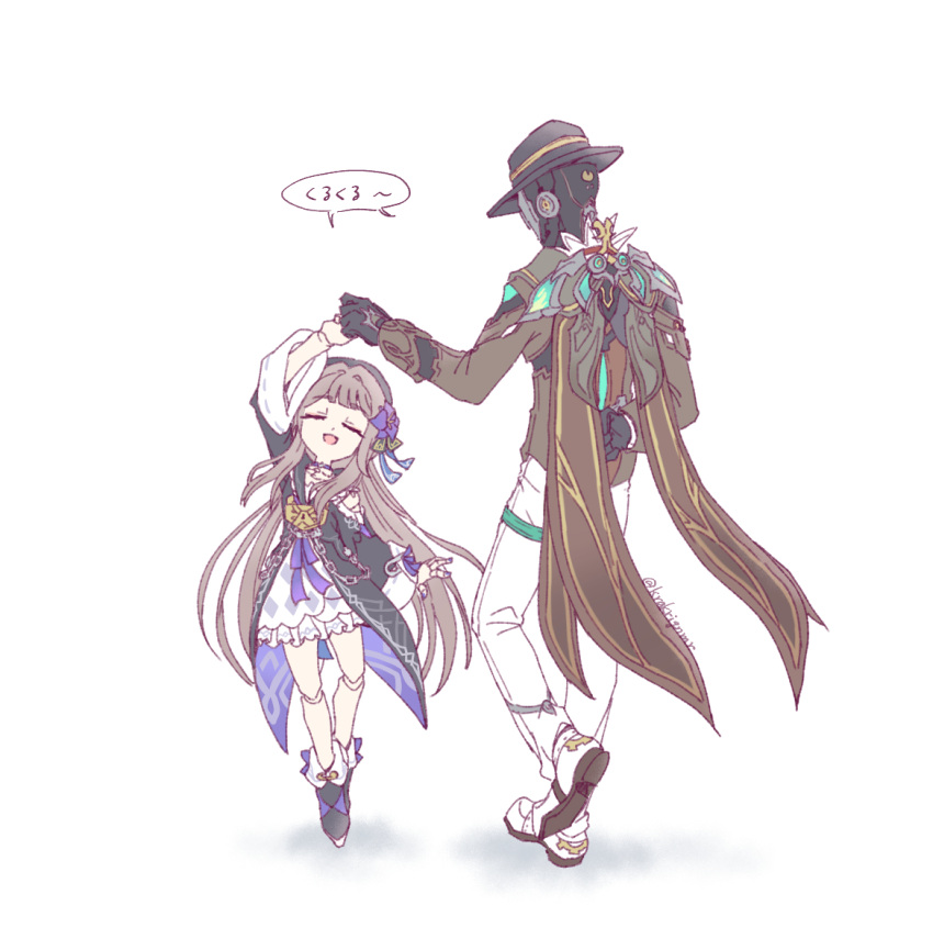 Safebooru - 1boy 1girl arm up beret black coat black footwear black gloves black hat boots brown ...