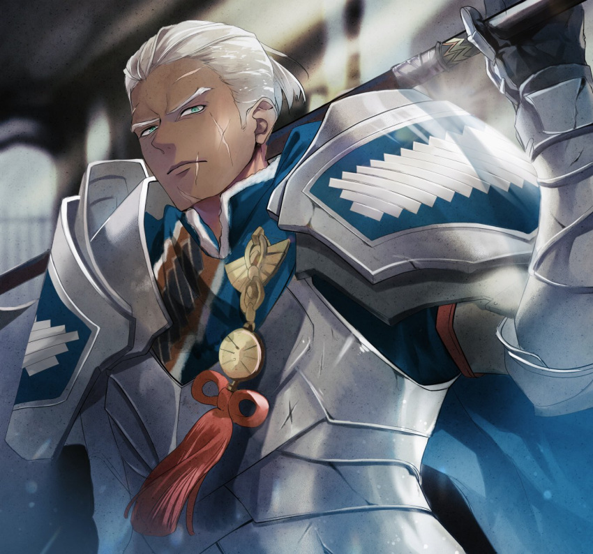 Safebooru - 1boy arm up armor blue scarf blurry blurry background ...