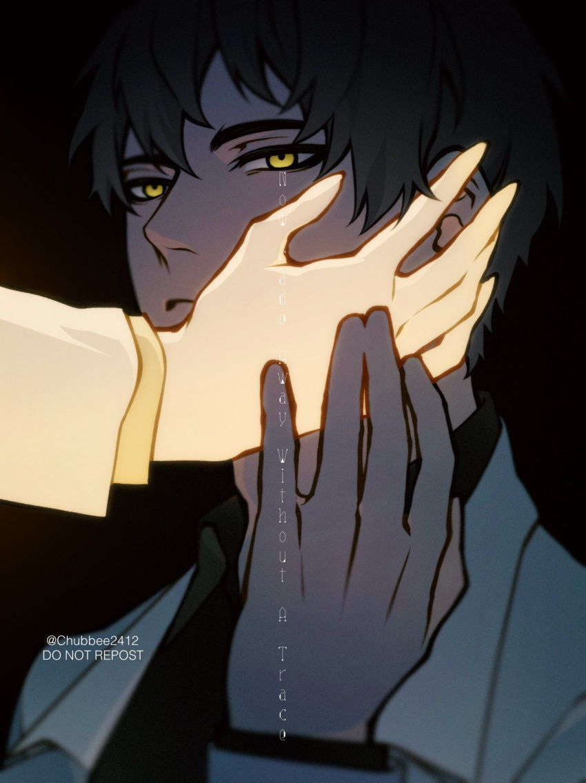 Safebooru - 1boy 1girl ayin (project moon) black background black hair black shirt carmen ...