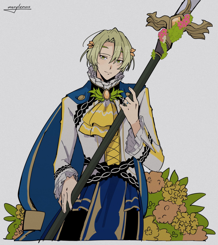 Safebooru - 1boy alfred (fire emblem) artist name ascot bishounen blonde hair blue cape cape ...