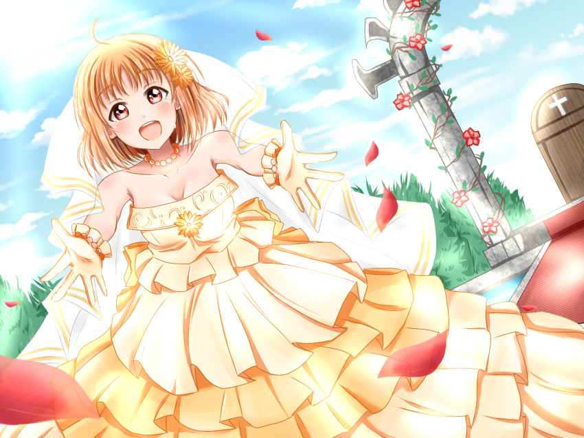 Safebooru - 1girl ahoge bangs bare shoulders blue sky blush bracelet breasts bridal veil ...