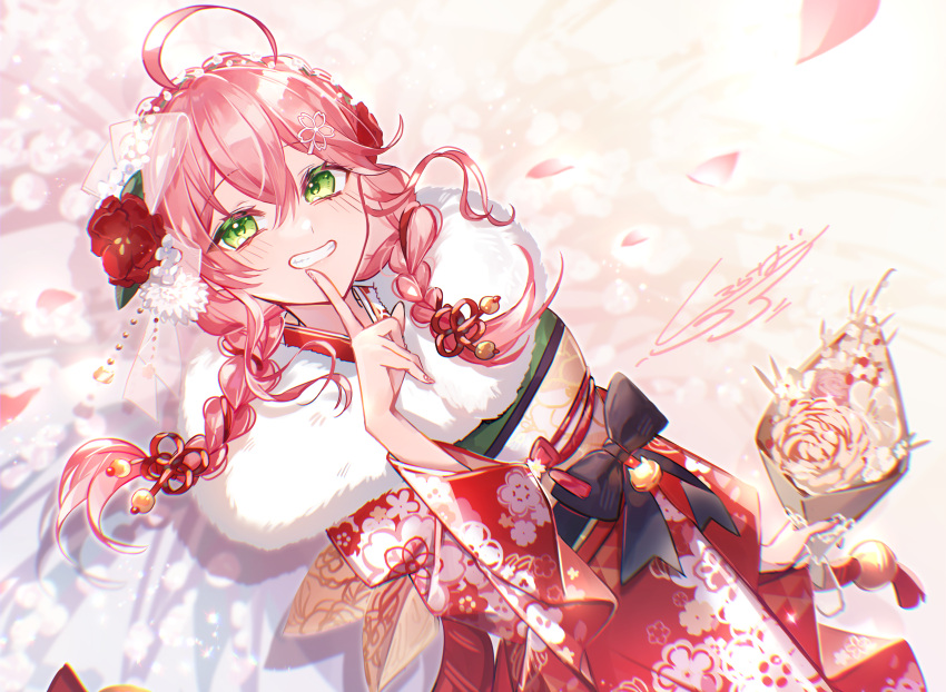 Safebooru - 1girl absurdres ahoge alternate costume bouquet braid cherry blossom print finger to ...