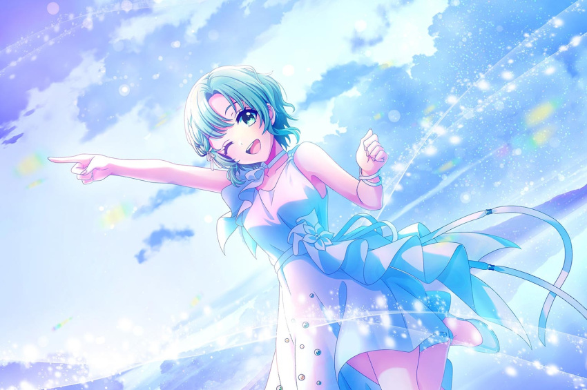 Safebooru - d4dj dress green eyes green hair hanamaki towa short hair smile | 5471338