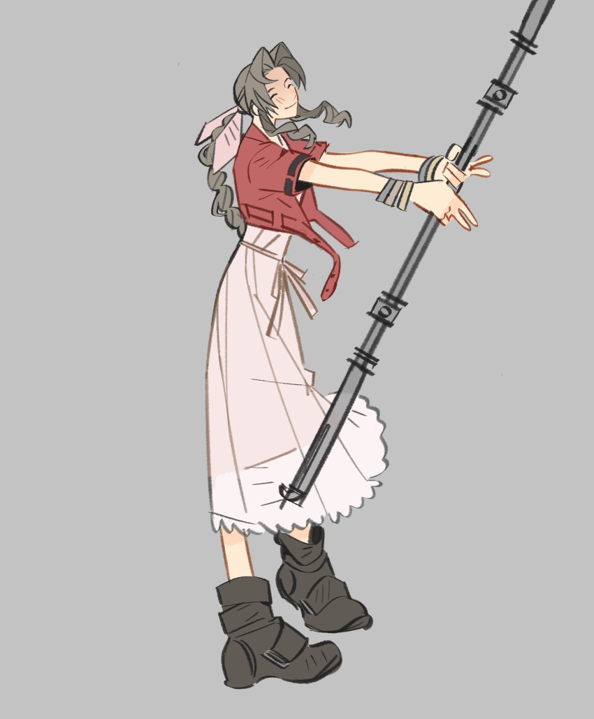 Safebooru - 1girl aerith gainsborough bangle blush boots bracelet braid braided ponytail brown ...