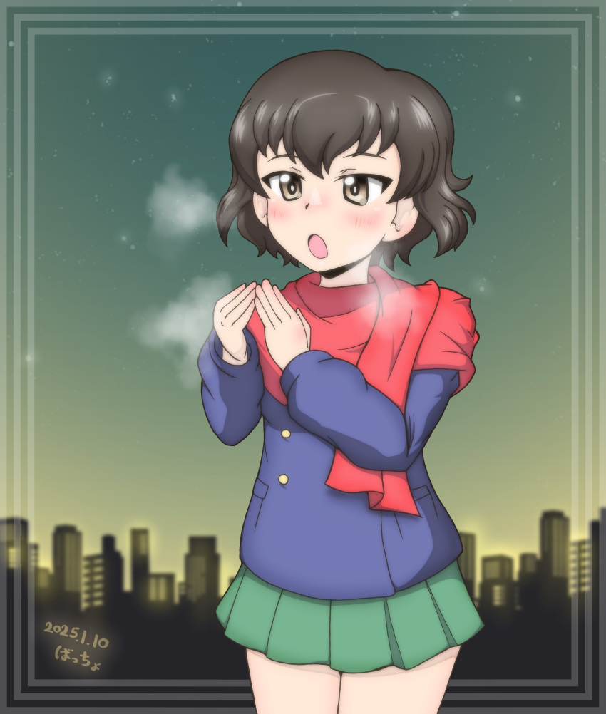 Safebooru - 1girl absurdres blue coat breath brown eyes brown hair ...