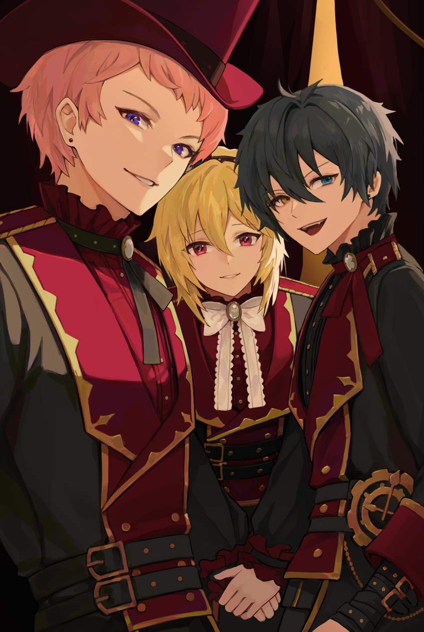 Safebooru - 3boys belt bisque black belt black hair black jacket blonde ...