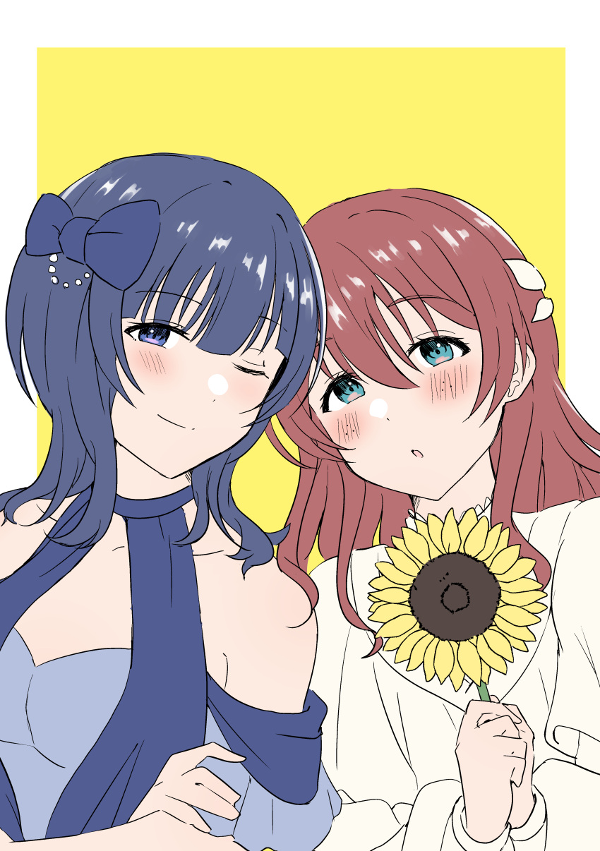Safebooru - 2girls absurdres asaka karin blue dress blue eyes blue hair blush border closed ...