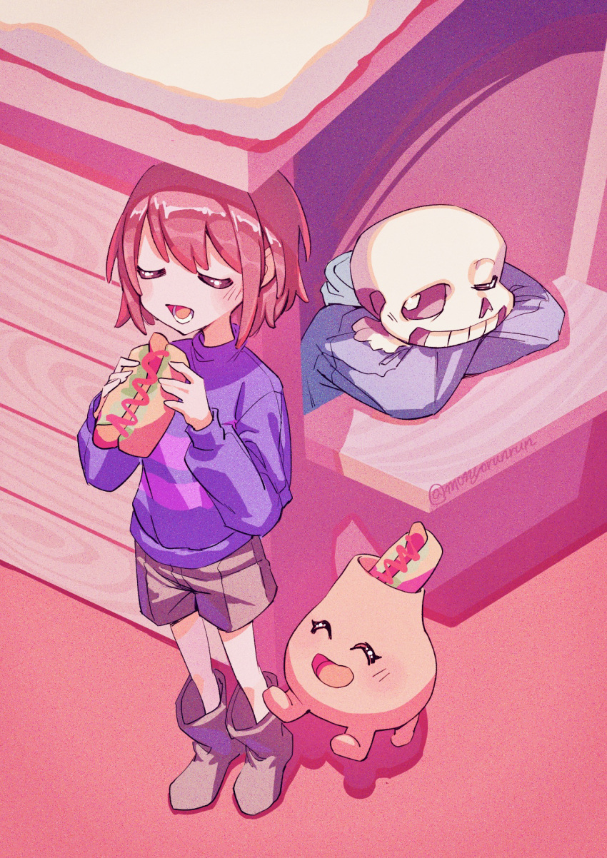Safebooru - 1boy 1other blue jacket blue sweater brown hair brown shorts closed eyes creature ...