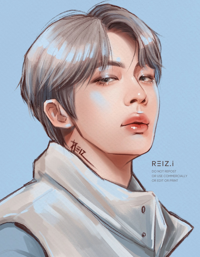 Safebooru - 1boy absurdres artist name bangtan boys blue background closed mouth commentary ...