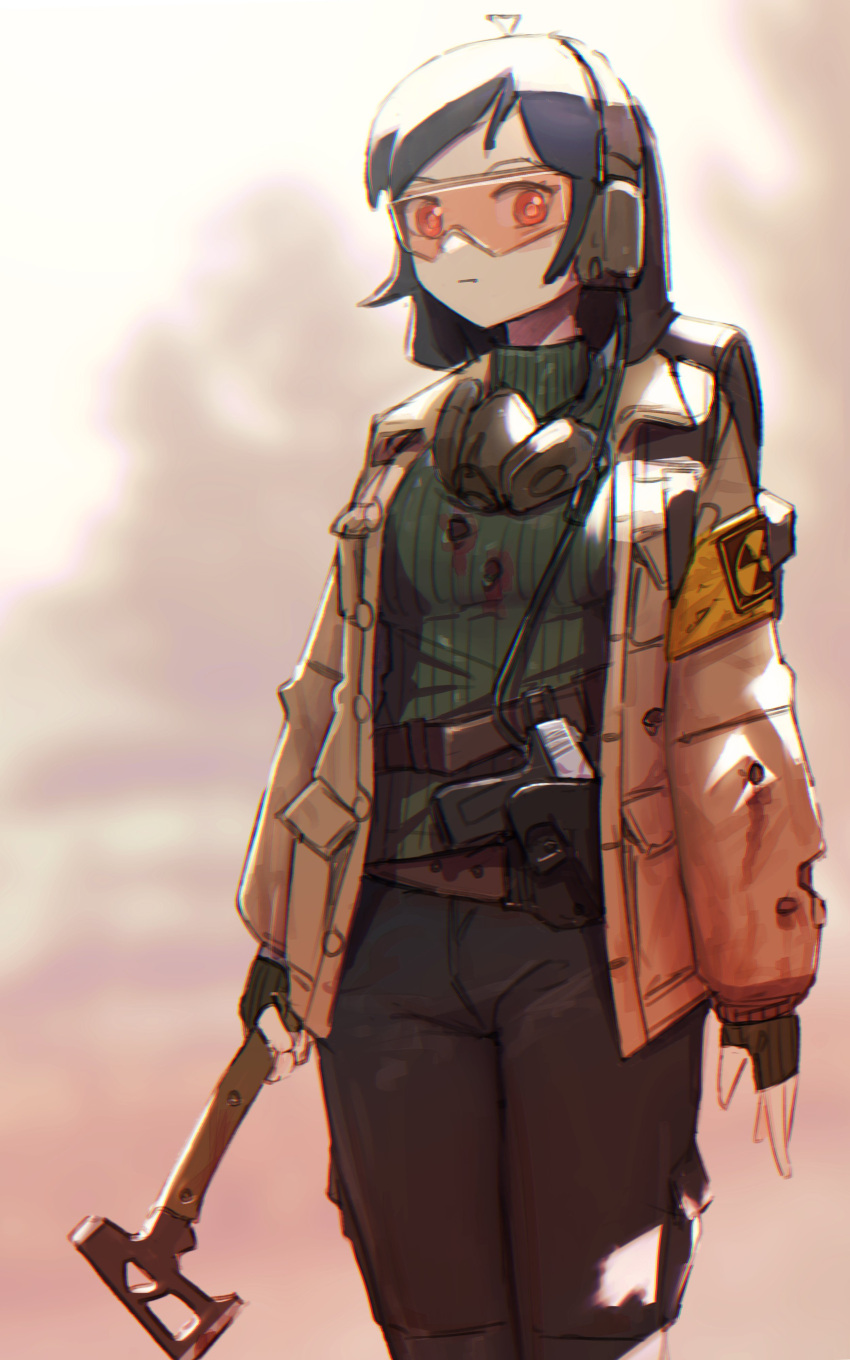 Safebooru - 1girl absurdres ahoge armband axe backpack bag belt black gloves black pants blood ...