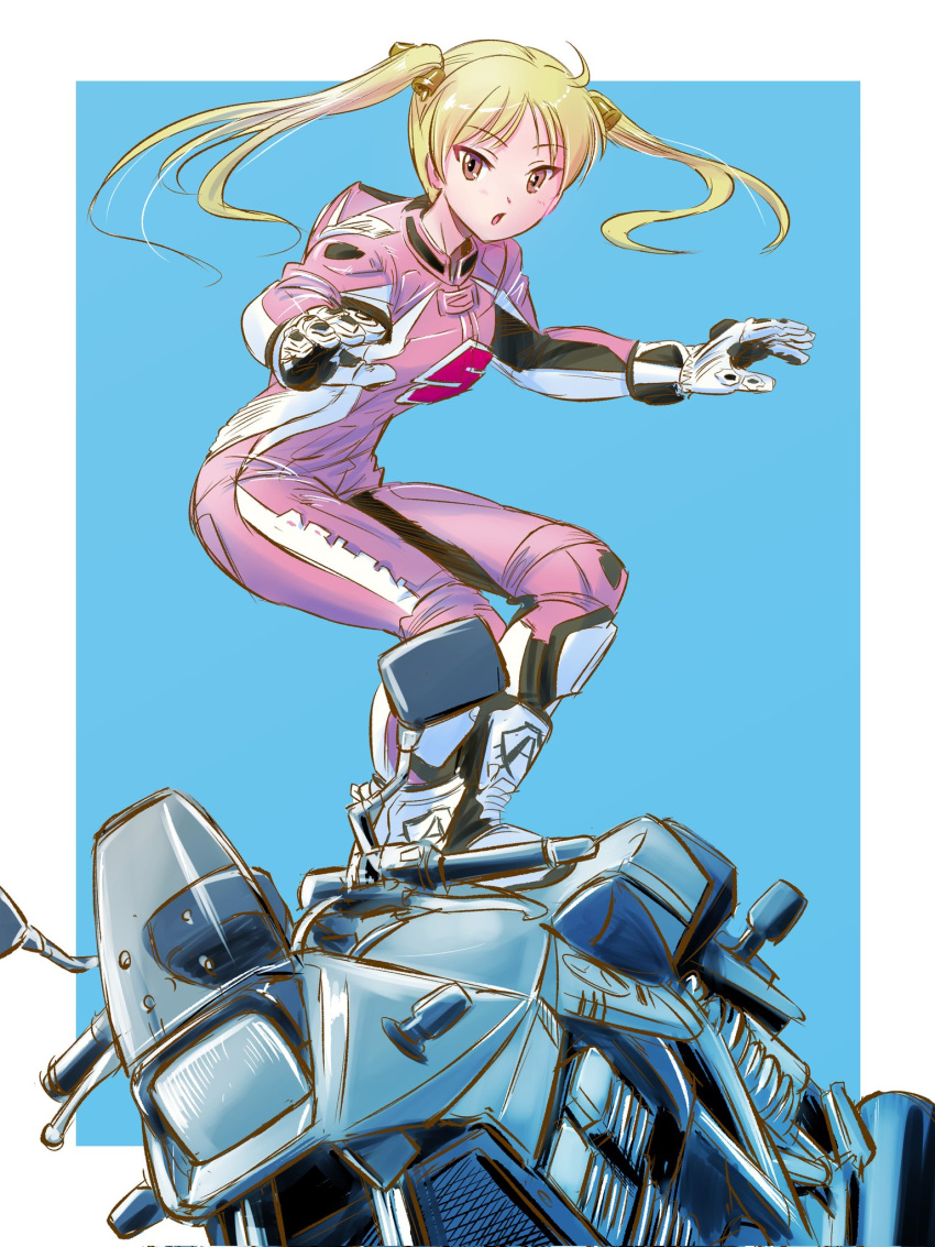 Safebooru - 1girl bakuon!! bell biker clothes bikesuit blonde hair bodysuit boots breasts brown ...