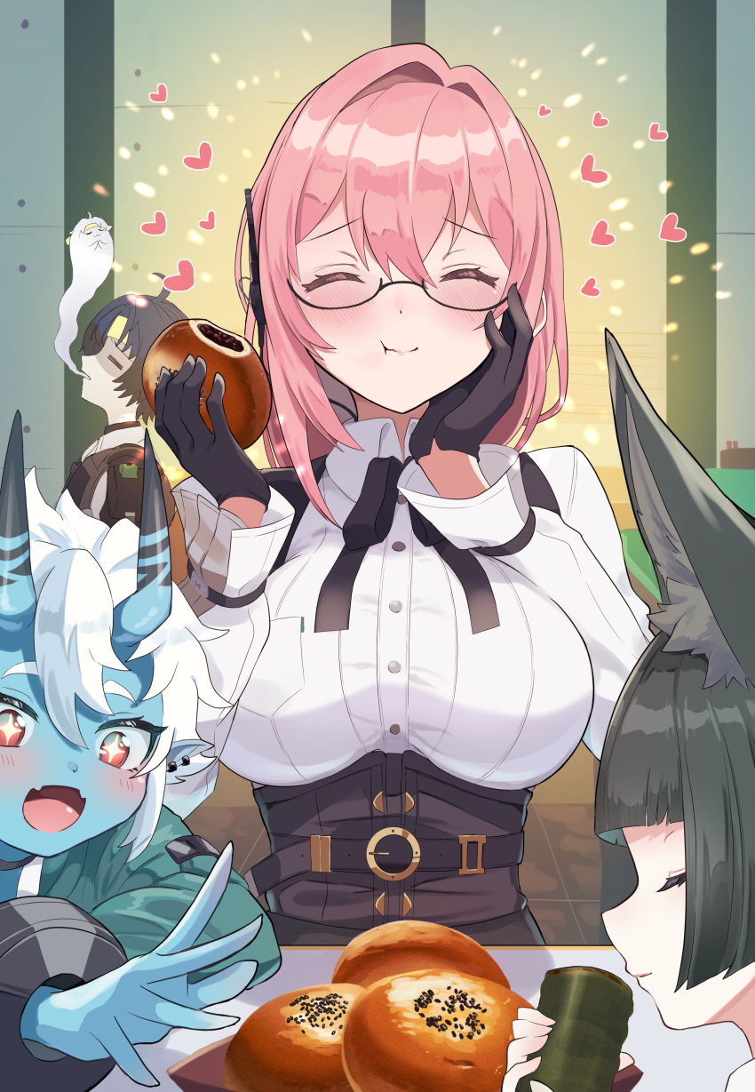 Safebooru - 1boy 3girls absurdres animal ear fluff animal ears asaba harumasa black gloves blue ...