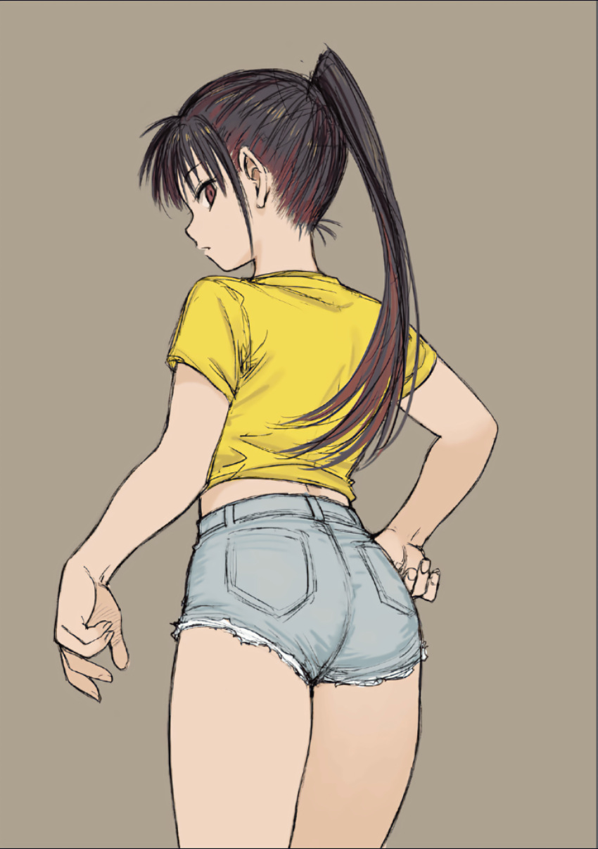 Safebooru - 1girl absurdres alternate costume brown eyes brown hair denim denim shorts hand on ...