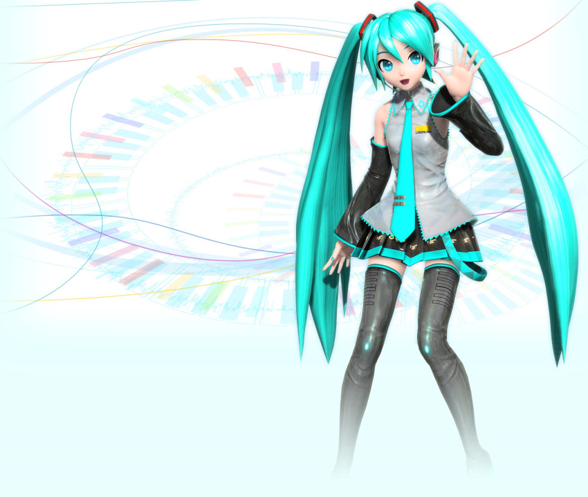 Safebooru - 1girl 3d aqua eyes aqua hair aqua necktie bare shoulders black skirt black sleeves ...