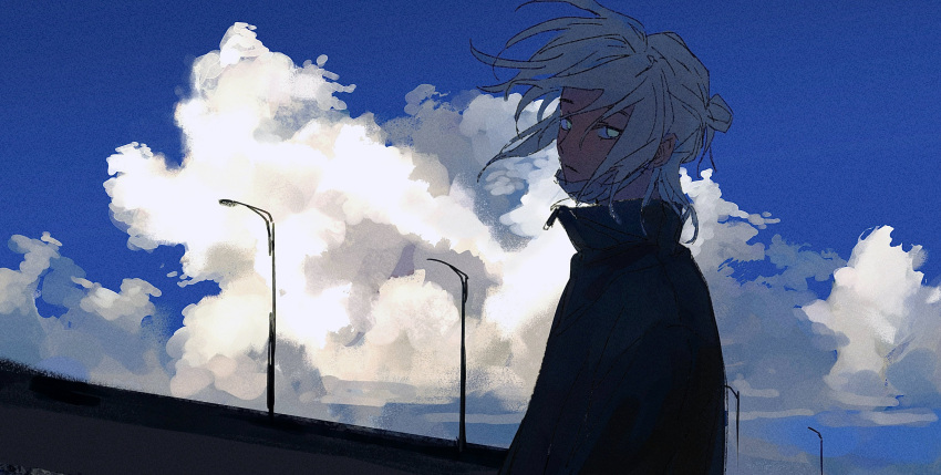 Safebooru - 1boy absurdres black jacket blue sky chenpeipeii closed mouth clouds cloudy sky ...