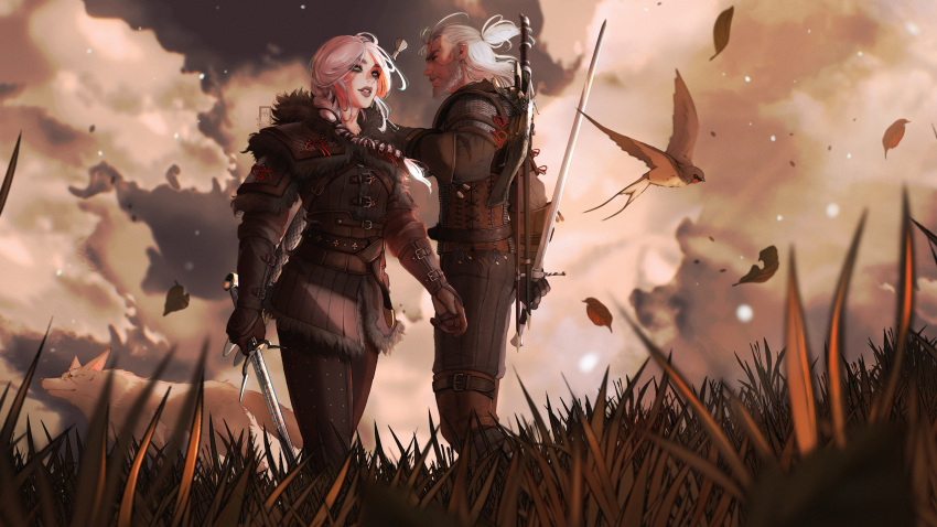 Safebooru - 1boy 1girl armor beard braid braided ponytail ciri clouds ...