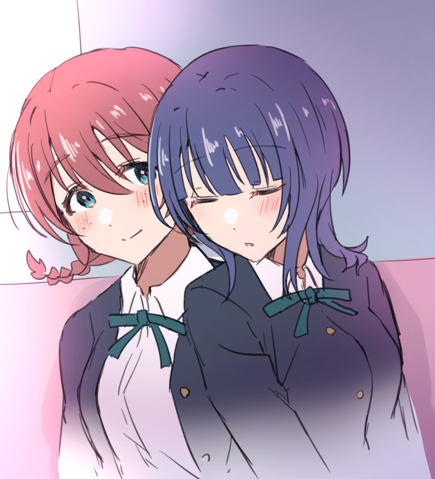 Safebooru - 2girls absurdres asaka karin black jacket blue eyes blush braid closed eyes closed ...