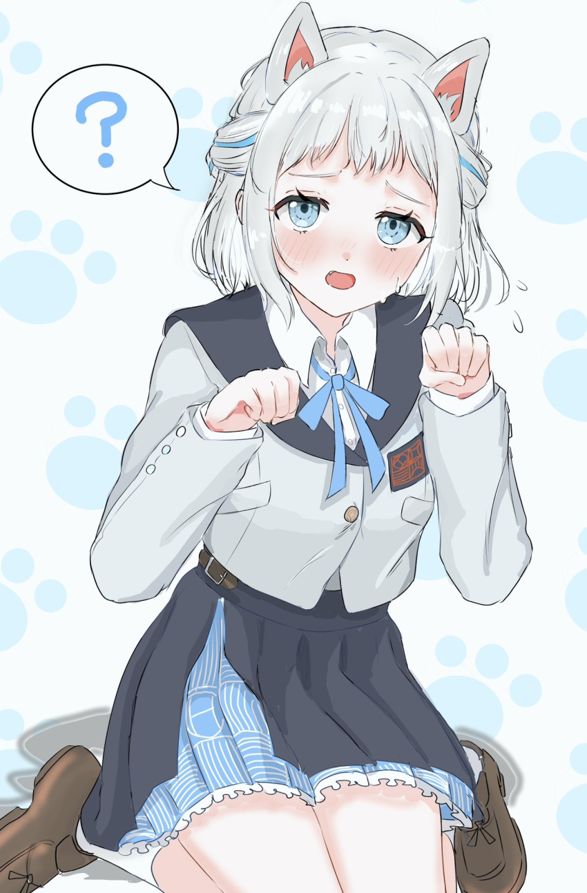 Safebooru - 1girl :o ? animal ears black overskirt blue eyes blue ribbon blue skirt blush cat ...