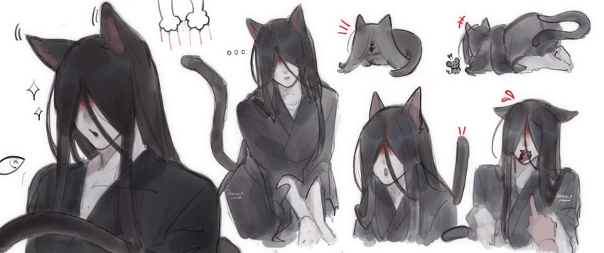 Safebooru - 1boy animal animal ears animalization black hair black kimono blood blood on face ...