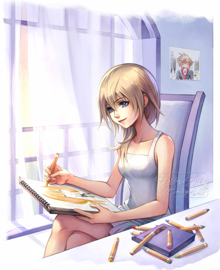 Safebooru - 1girl artist name bare shoulders blue eyes chair closed ...