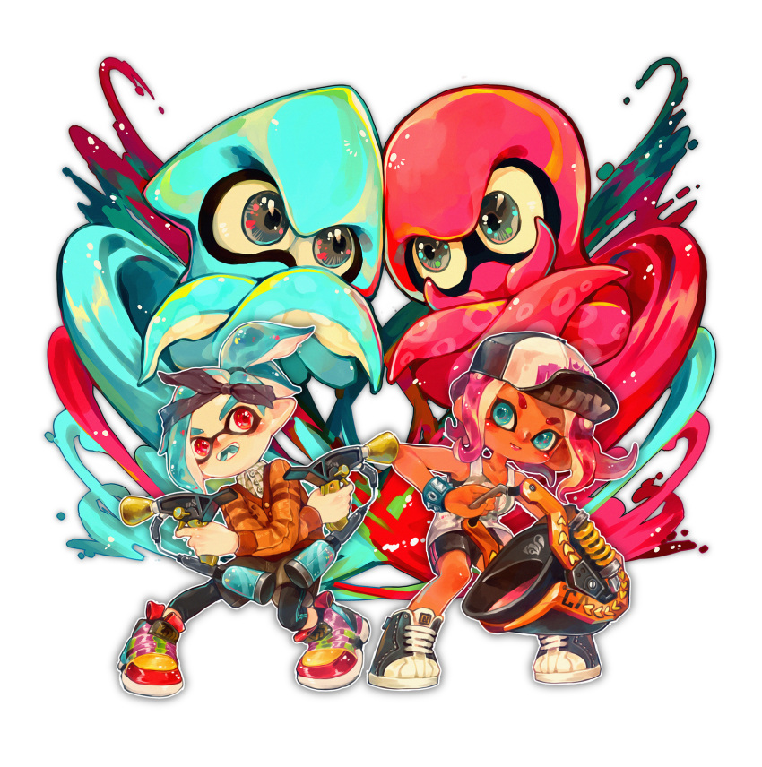 Safebooru - 1boy 1girl amehatobook black leggings black shorts blue ...