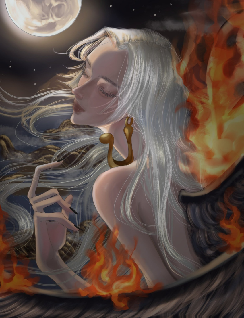 Safebooru - 1girl aged up black nails black wings commentary earrings english commentary fire ...