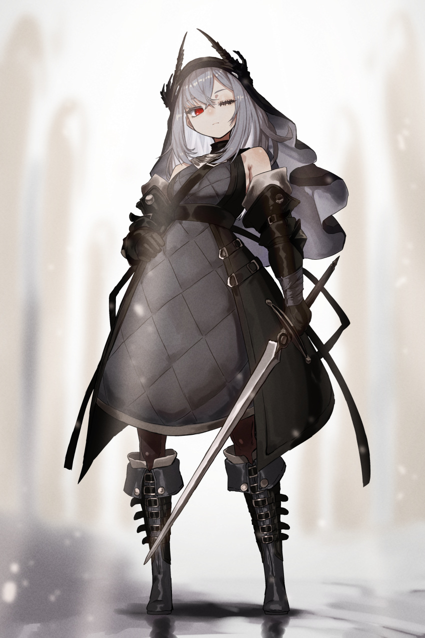 Safebooru - 1girl absurdres armor armored dress bare shoulders black dress boots breasts dress ...