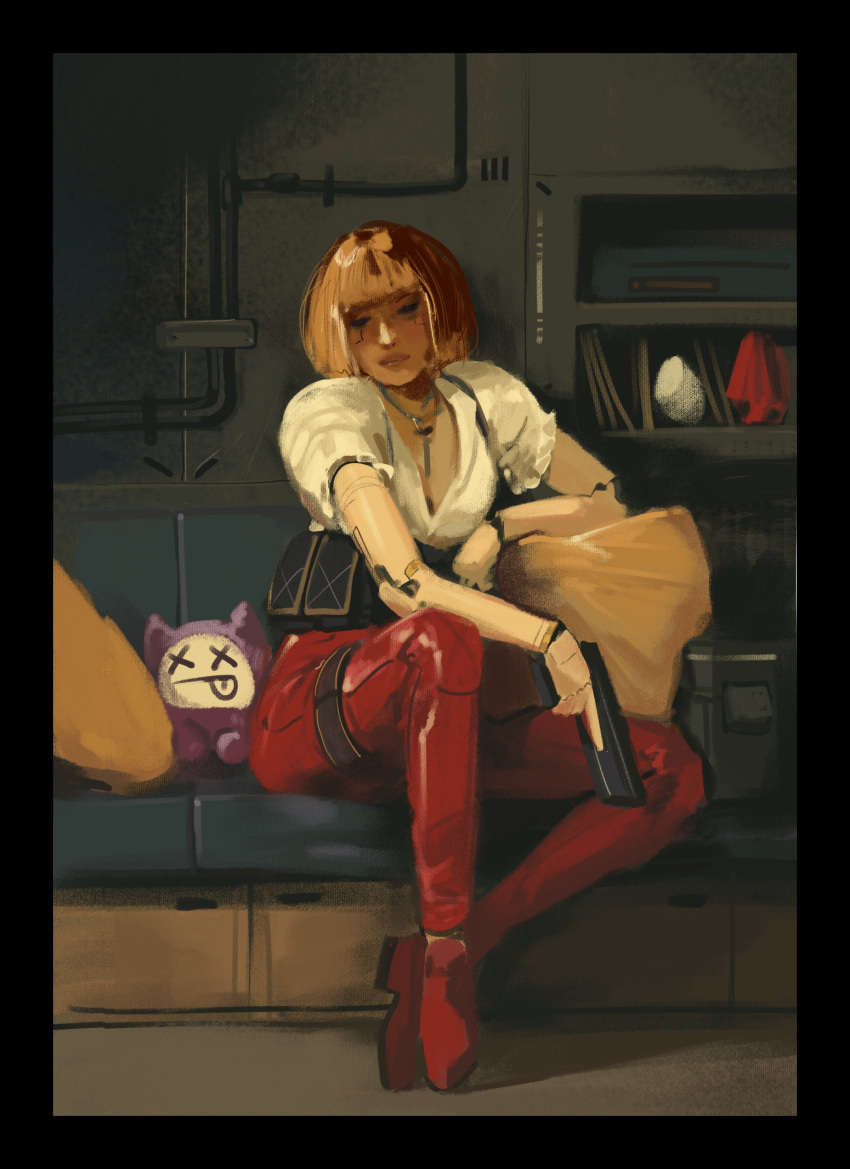 Safebooru - 1girl absurdres blunt bangs bob cut brown hair closed mouth couch cyborg gun handgun ...