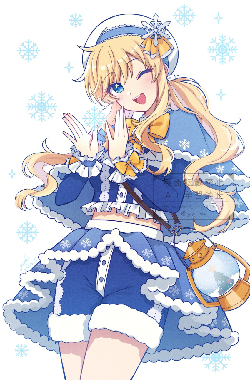 Safebooru - 1girl absurdres blonde hair blue capelet blue eyes blue shirt blue shorts blue skirt ...