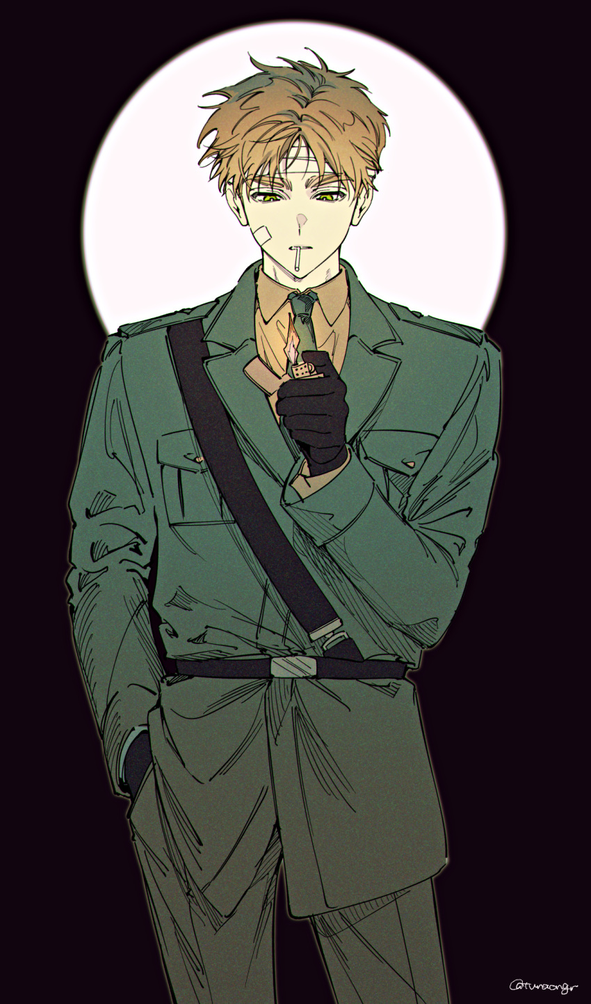 Safebooru - 1boy axis powers hetalia bandaged head bandages belt black background black belt ...