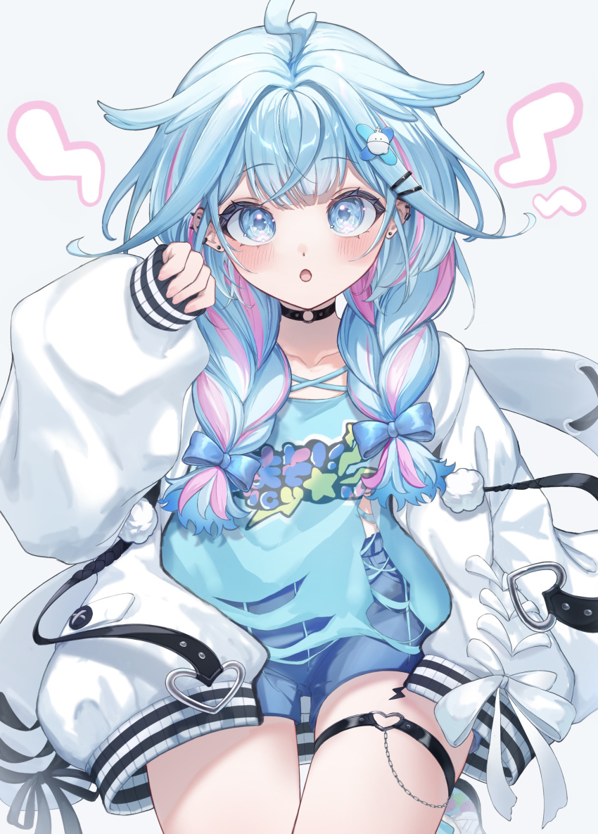 Safebooru - 1girl = hair ornament absurdres ahoge belt black choker blue eyes blue hair blue ...