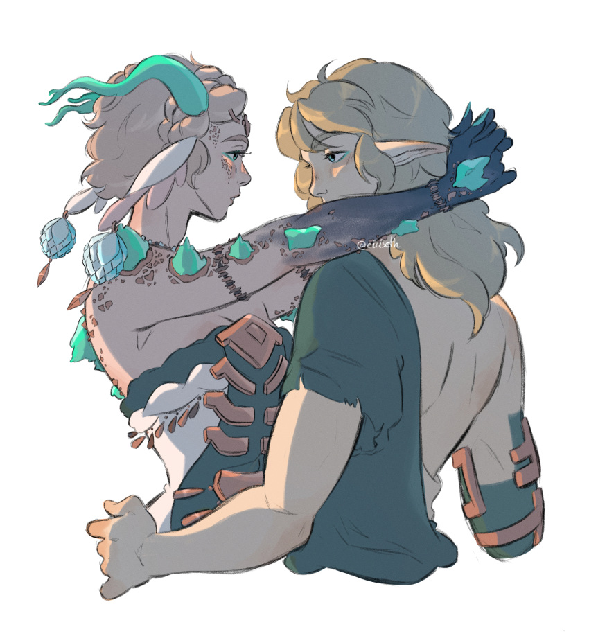 Safebooru - 1boy 1girl blonde hair braid crown braid dragon girl dragon horns dress earrings ...