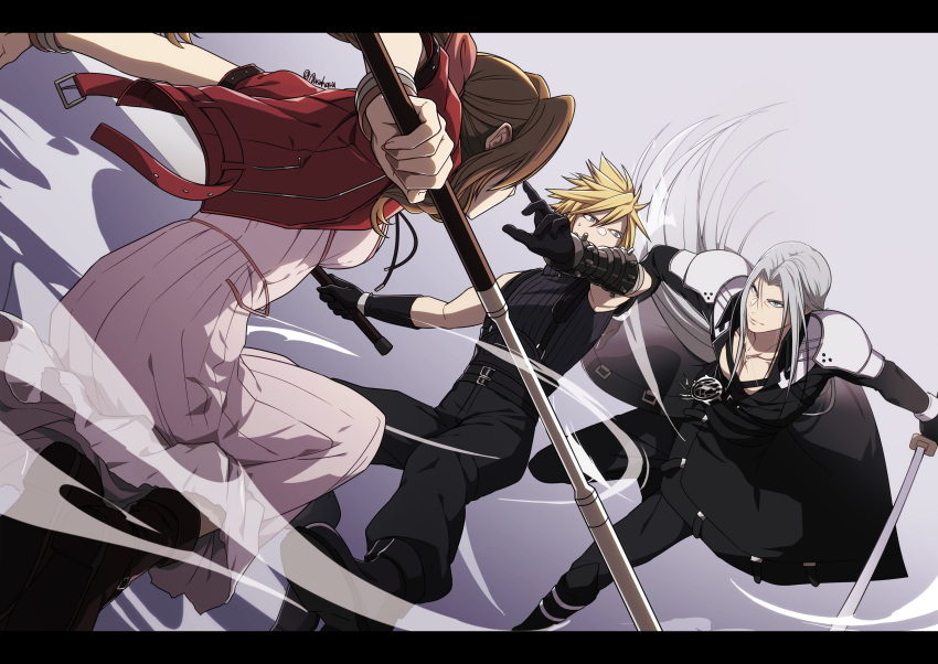 Safebooru - 1girl 2boys absurdres aerith gainsborough aqua eyes armor baggy pants bandaged arm ...