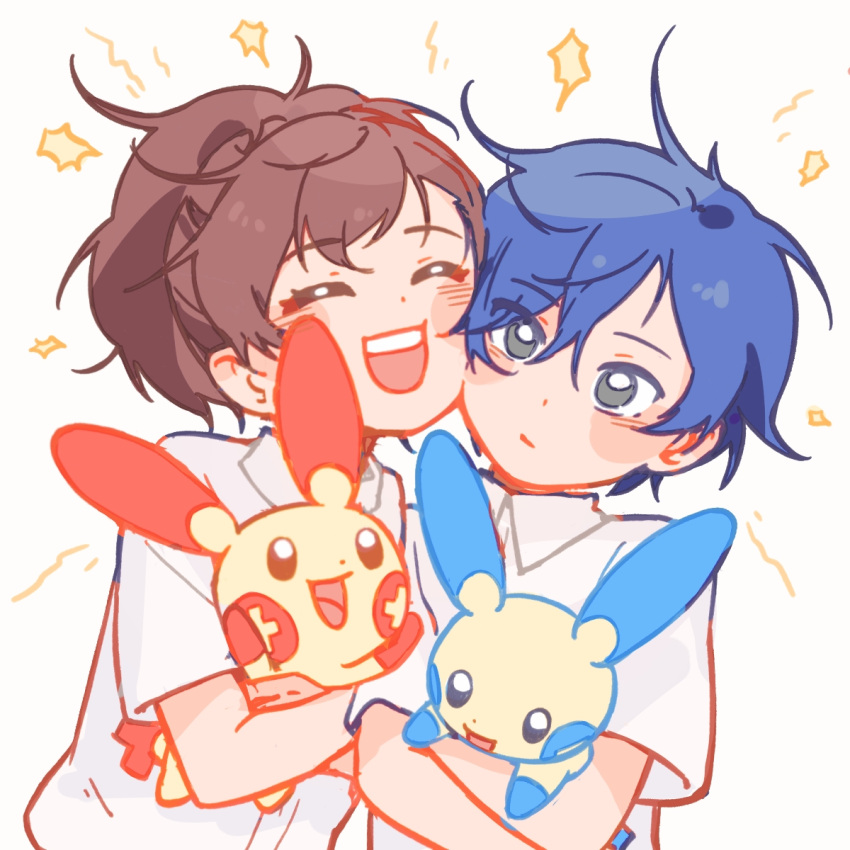 Safebooru - 1boy 1girl blue hair blush stickers brown hair cheek-to ...